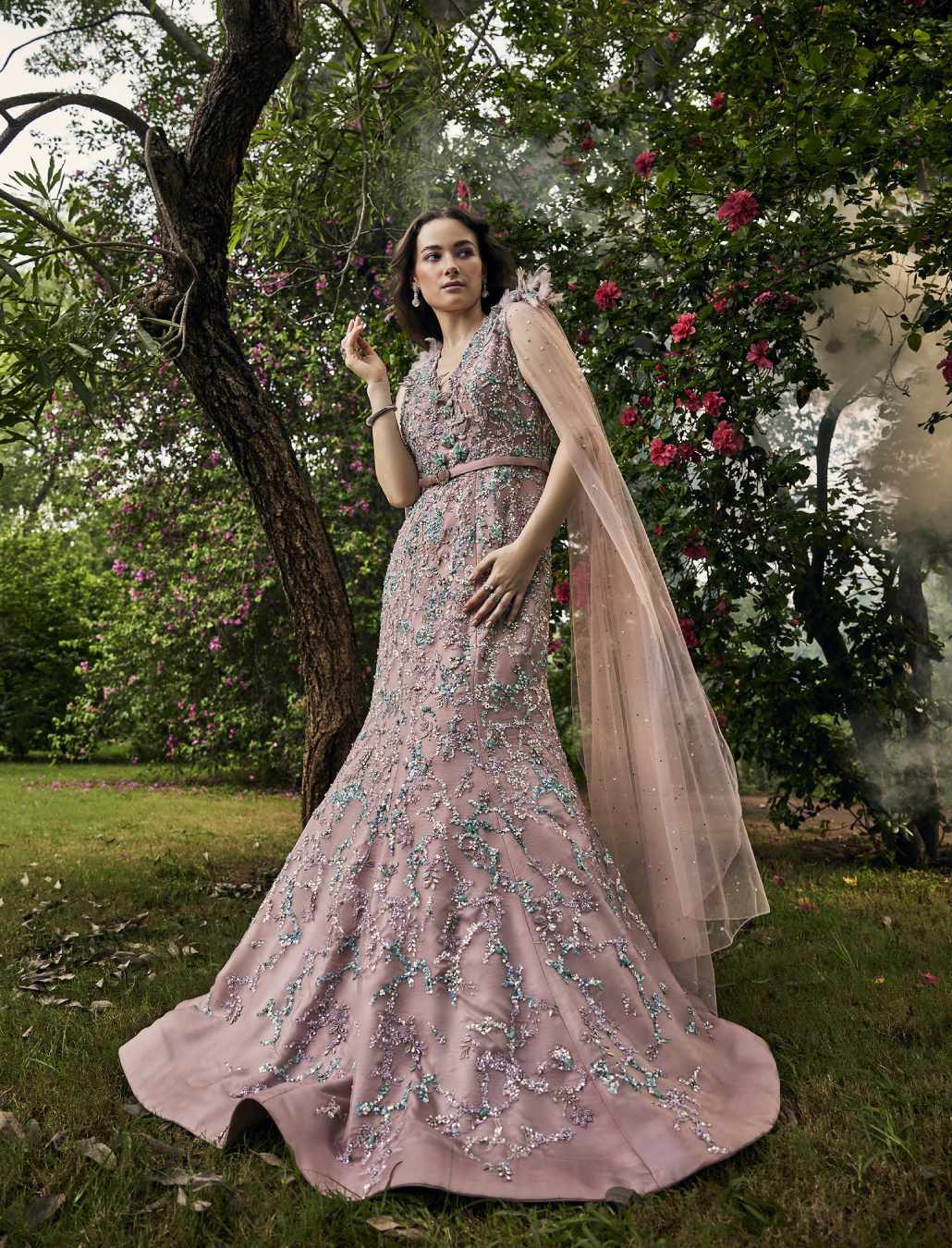 Mauvy Pink Crystal and 3d Flower Embellished Mermaid Gown – Baya