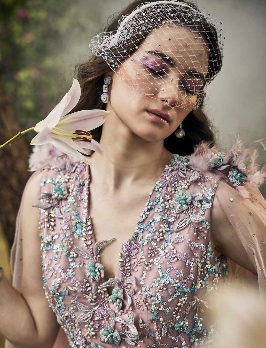 Mauvy Pink Crystal and 3d Flower Embellished Mermaid Gown – Baya