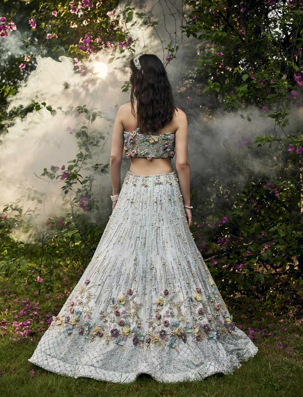 Powder Blue 3d Flower Embellished Lehenga Set – Baya